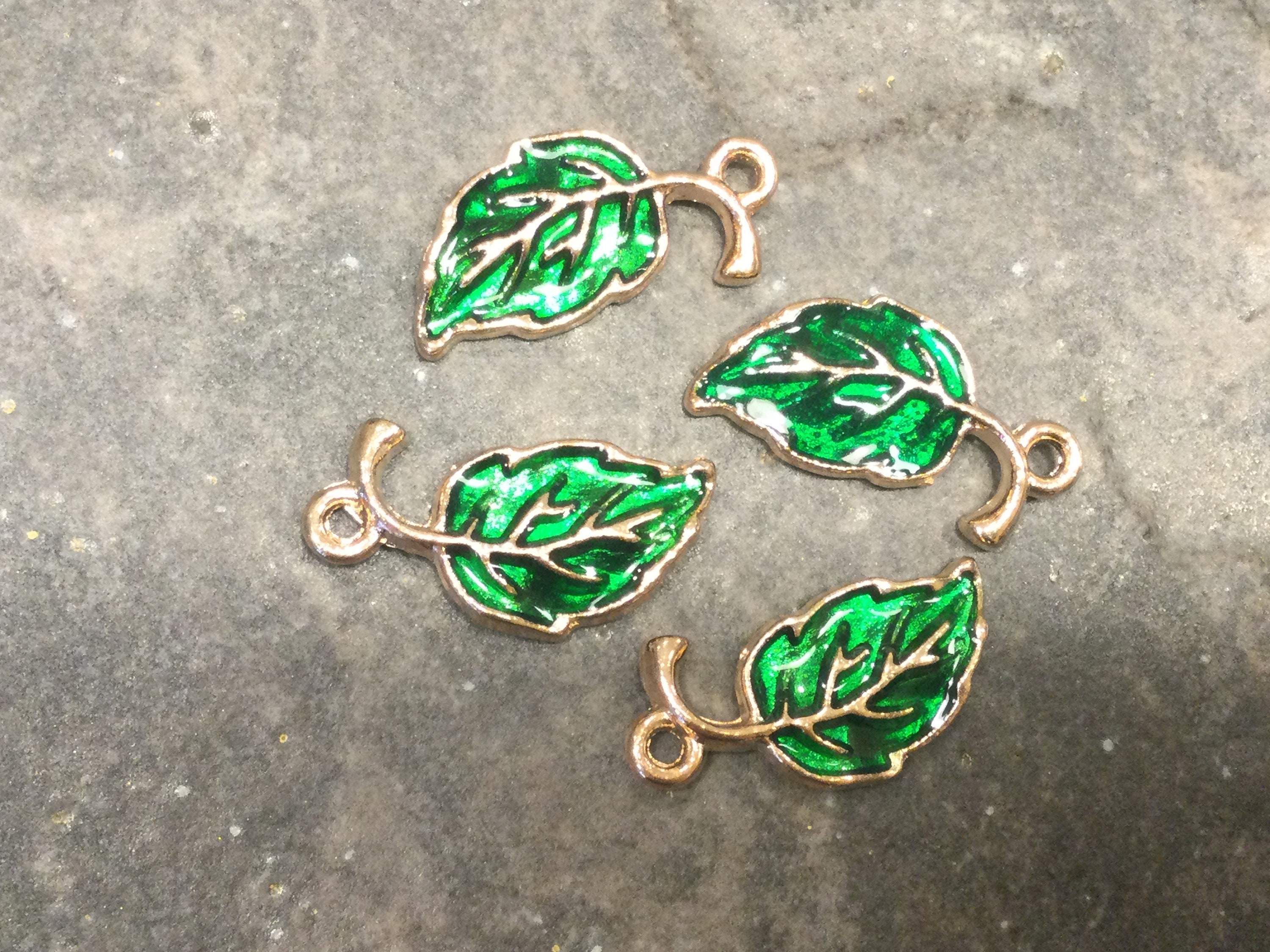 Gold Leaf Charms With Green Enamel Detail Package of 4 Charms - Etsy