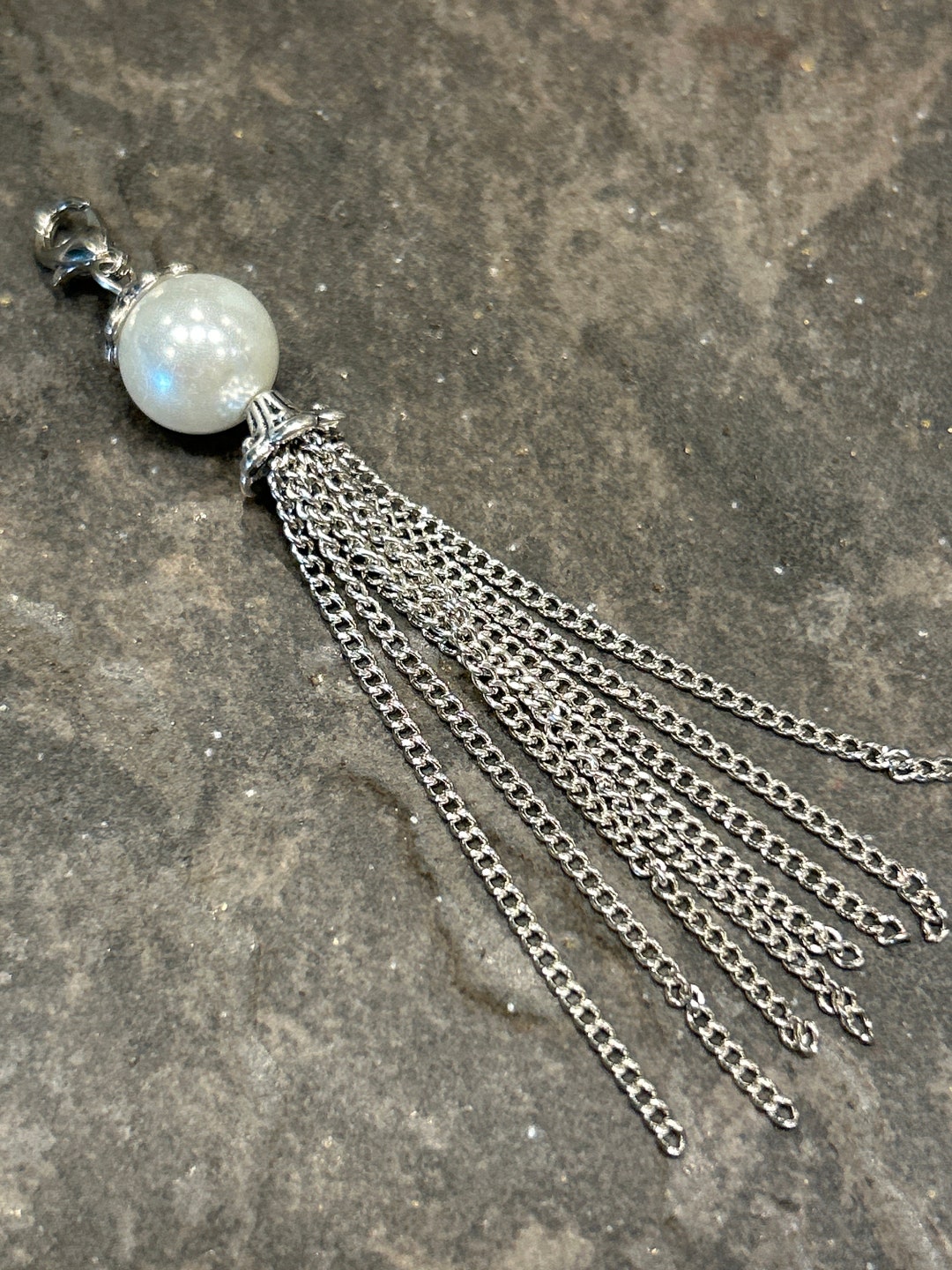 Glass Pearl Antique Silver Metal Chain Tassel Charms ONE Tassel - Etsy