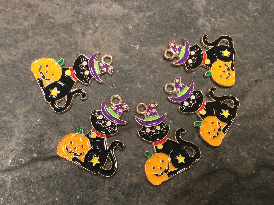 Enamel Halloween Black Cat Charms Package of 5 Purple and Black With ...