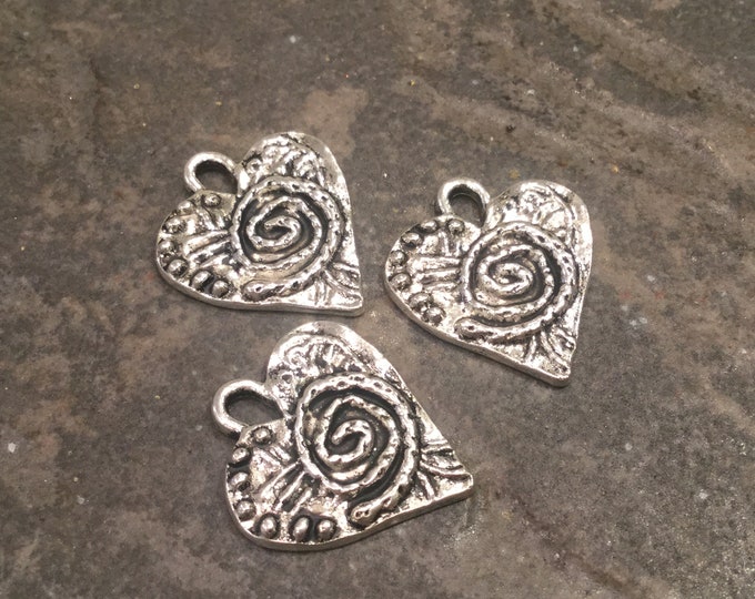 Rustic Heart Charms Package of 3 Antique Silver Finish Charms Great for ...