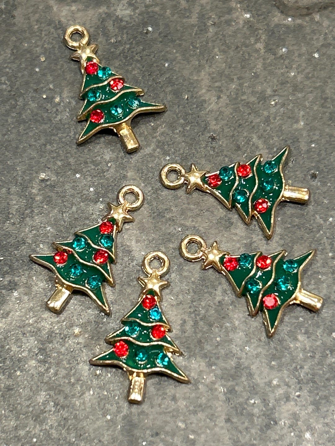 Christmas Tree Charms With Enamel and Rhinestone Detail Set of 5 Charms ...