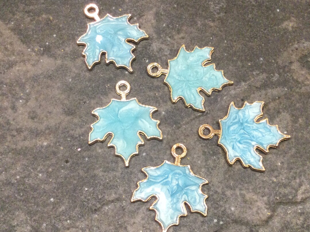 Gold Maple Leaf Charms With Icy Blue Enamel Detail Package of 5 Charms Great Quality Fall Charms ...