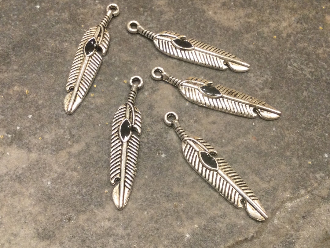 CLEARANCE Silver Feather Charms With Black Enamel Detail Package of 5 ...