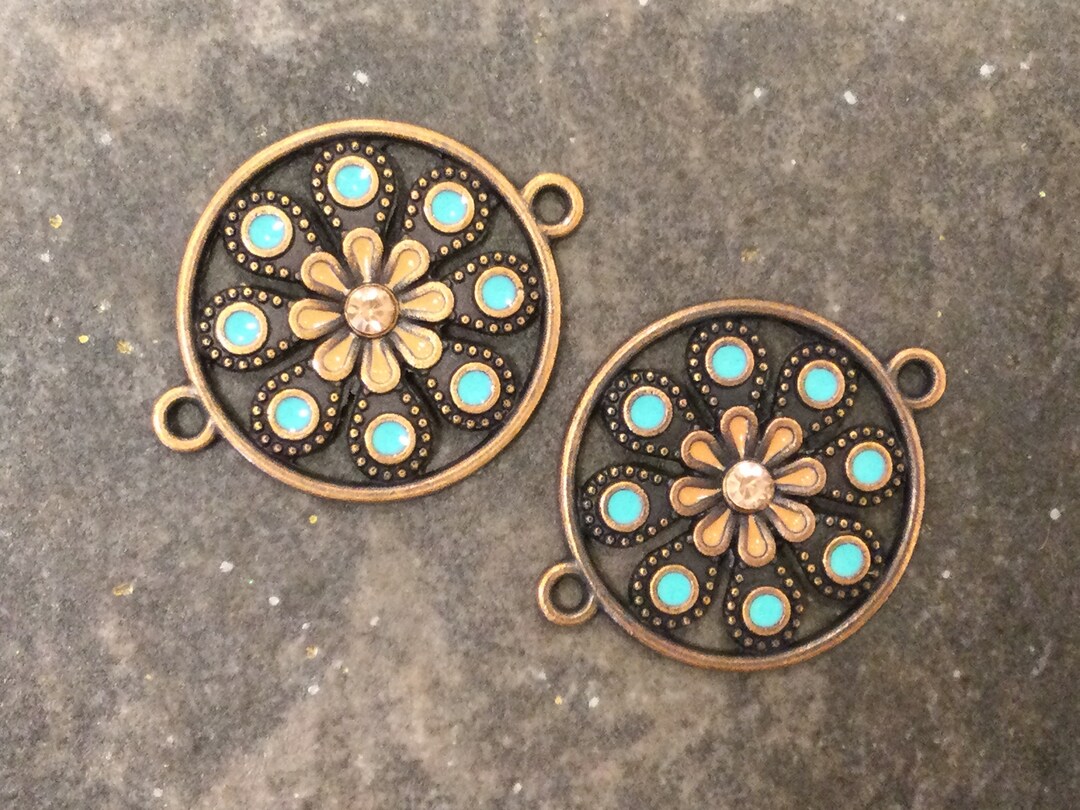 Red Copper Enamel and Rhinestone Connectors Package of 2 Circle Shape ...