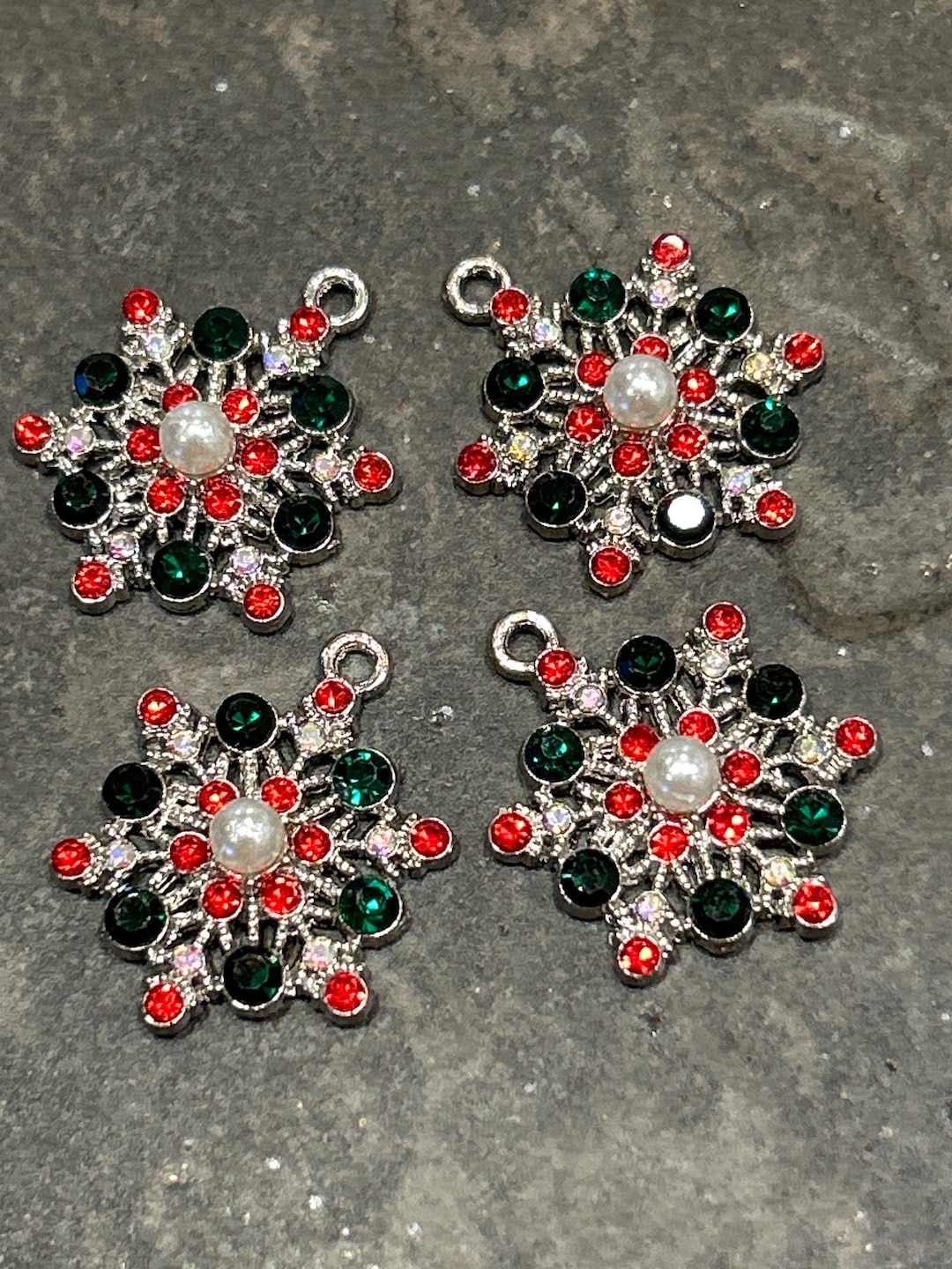 Rhinestone Snowflake Pave Charms Package of 4 Red, Green and Silver ...