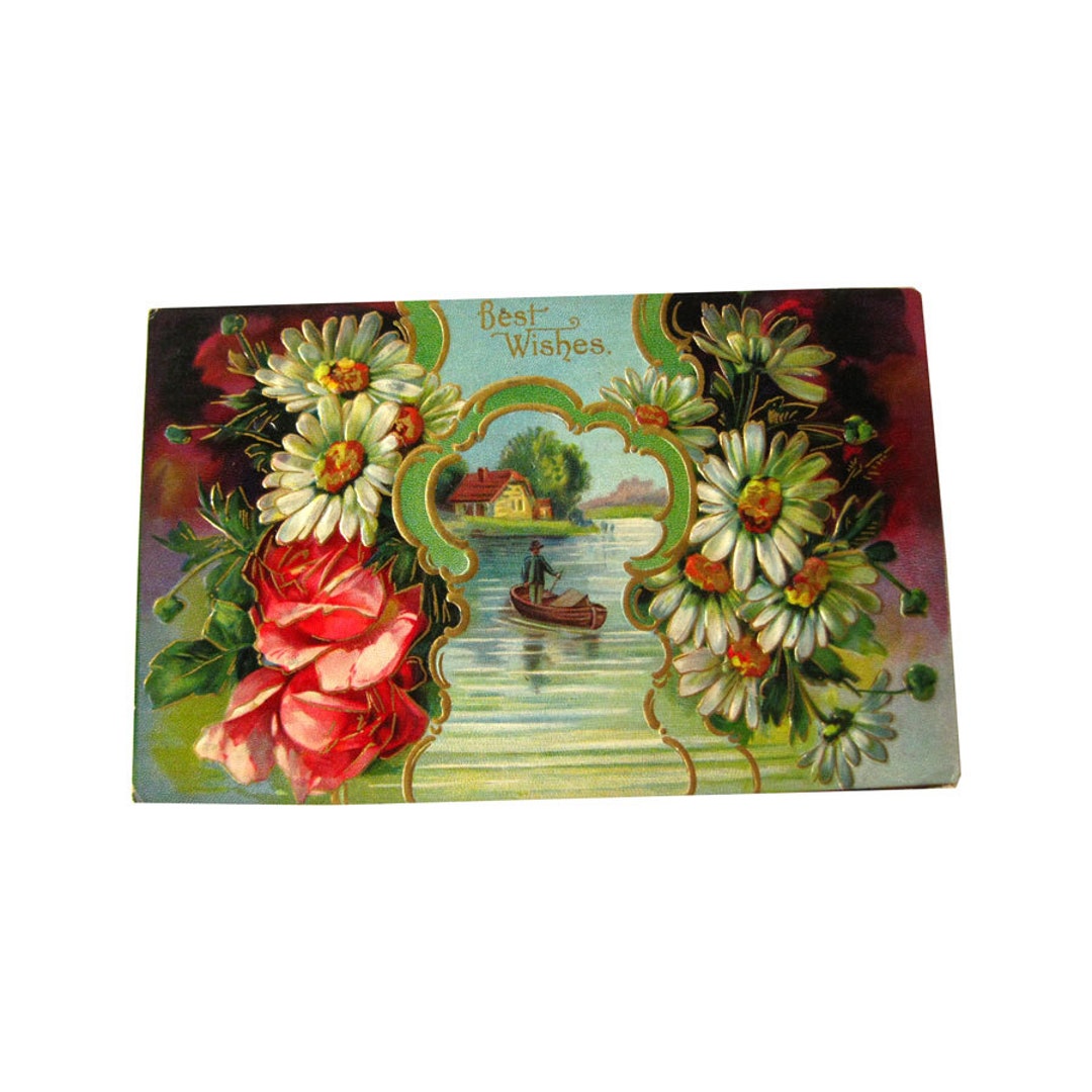 Best Wishes Embossed Postcard With Roses and Daisies - Vintage Ephemera ...