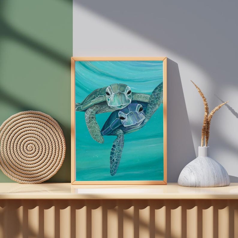 Twin Sea Turtle Watercolor Print: Turquoise Ocean Nursery Art - Etsy