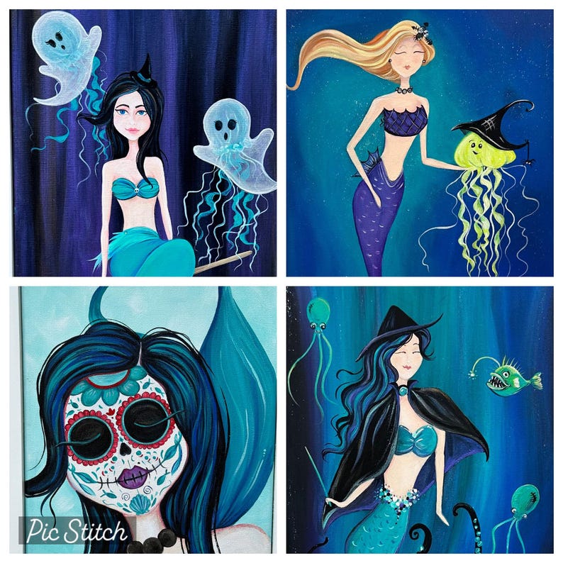 Halloween Mermaid Jellyfish Ghost Witch Hat Painting Party Hostess Gift ...