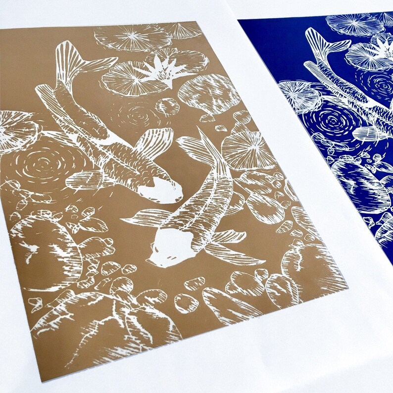 Metallic Gold Art Linocut Print Unique Decor Gift, Oriental Japanese ...