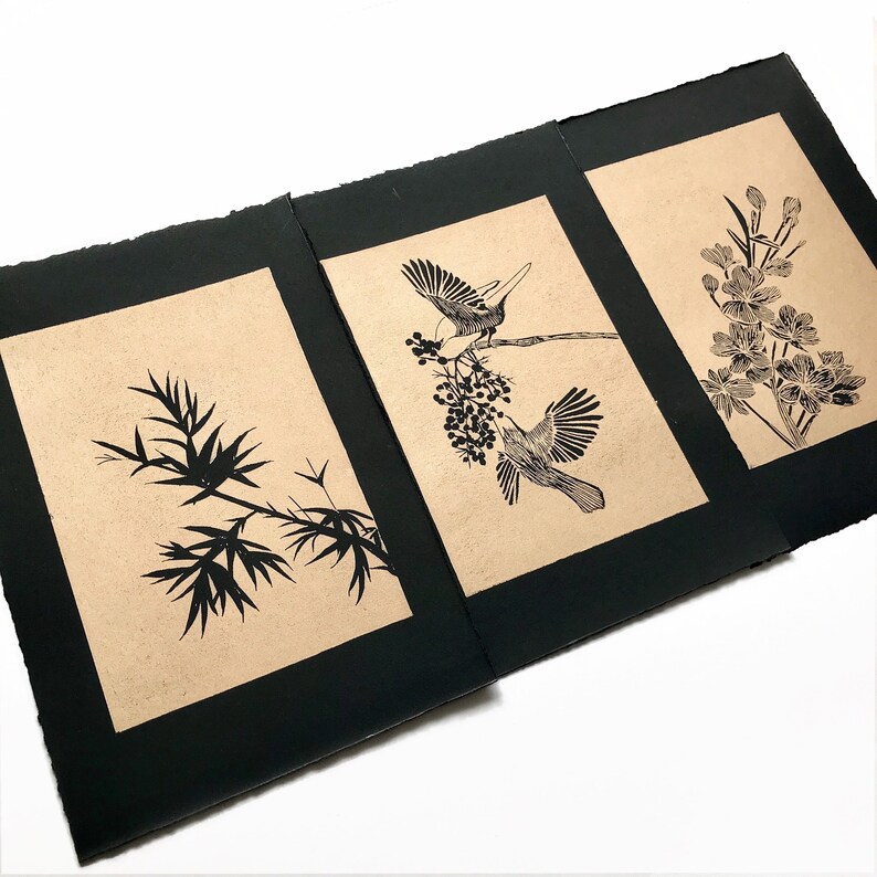 Triptych Japanese linocut original artworks Set of 3 wall art | Etsy