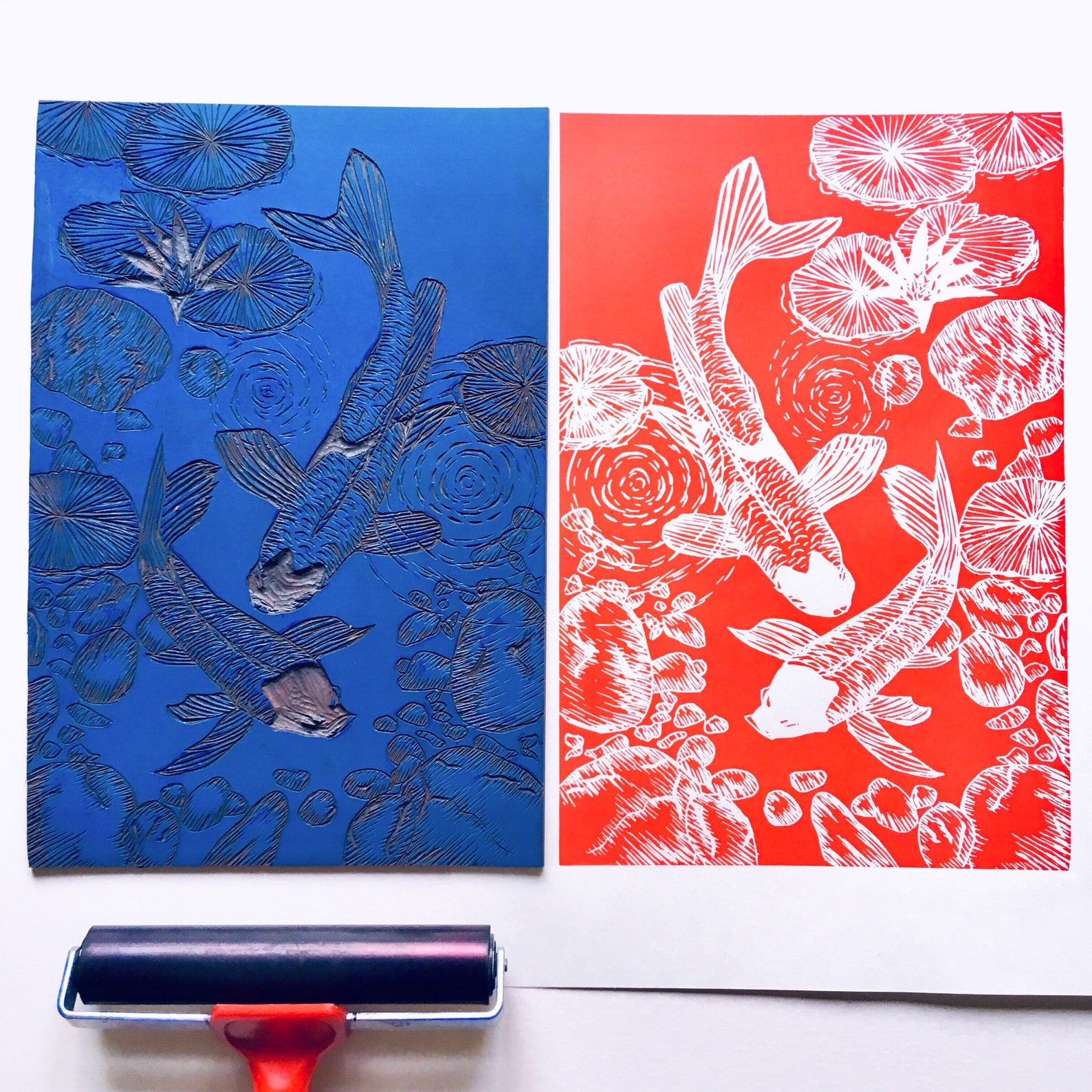 Koi Fish Lino Print Original, Japanese Linocut Art Print A3, Underwater ...