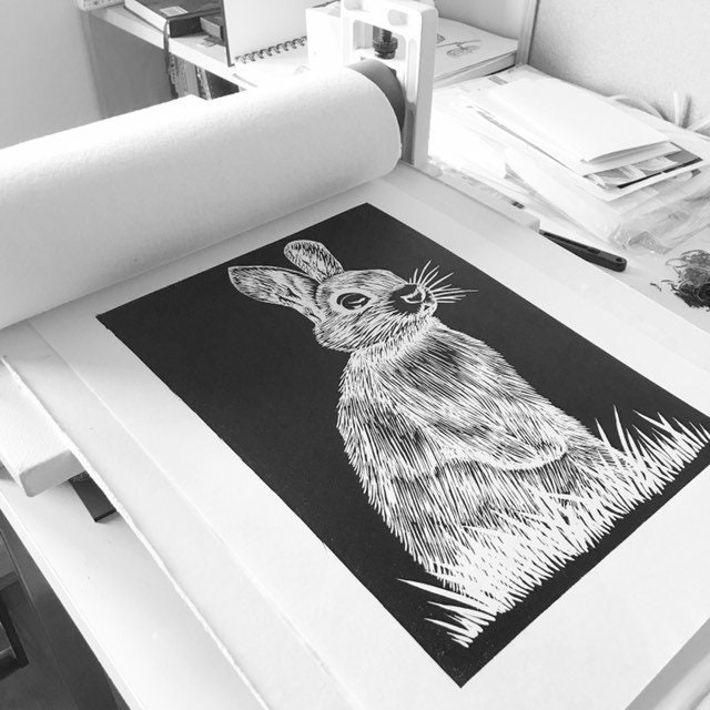 Rabbit lino print A3 Original bunny linocut wall art Black | Etsy