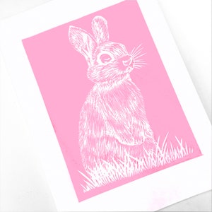 Bunny Lino Print Nursery Decor, New Baby Girl Gift, Rabbit Linocut Pink ...