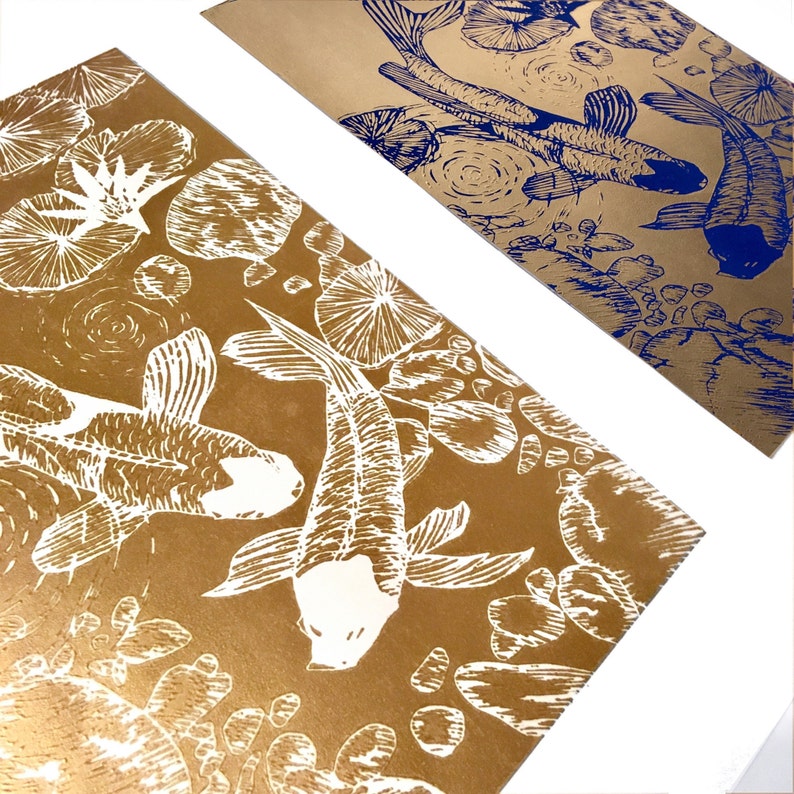 Metallic Gold Art Linocut Print Unique Decor Gift, Oriental Japanese ...