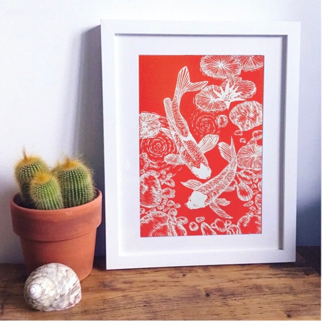 Koi Fish Lino Print Original, Japanese Linocut Art Print A3, Underwater ...