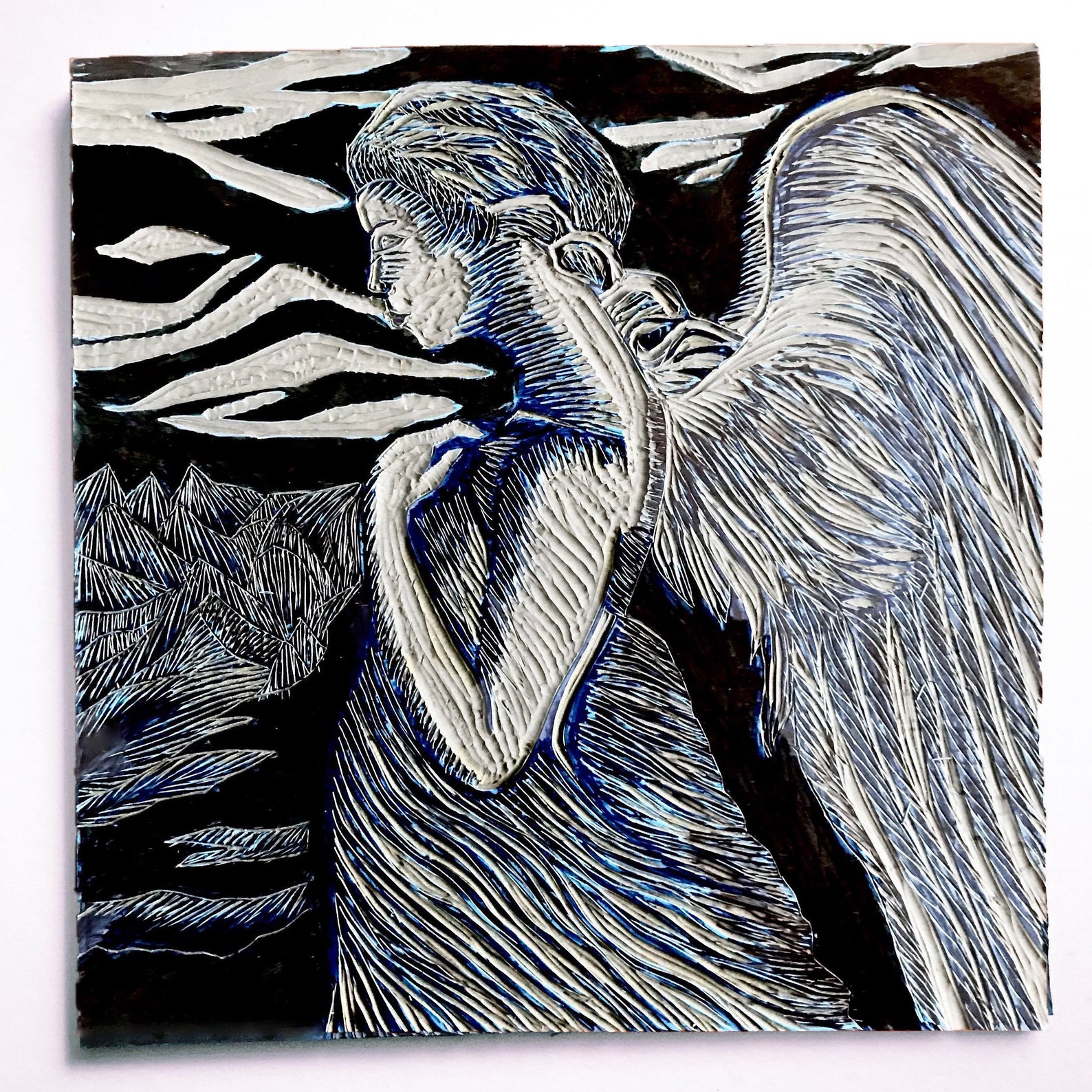 Angel linocut original artwork Handmade lino print Celestial - Etsy Italia