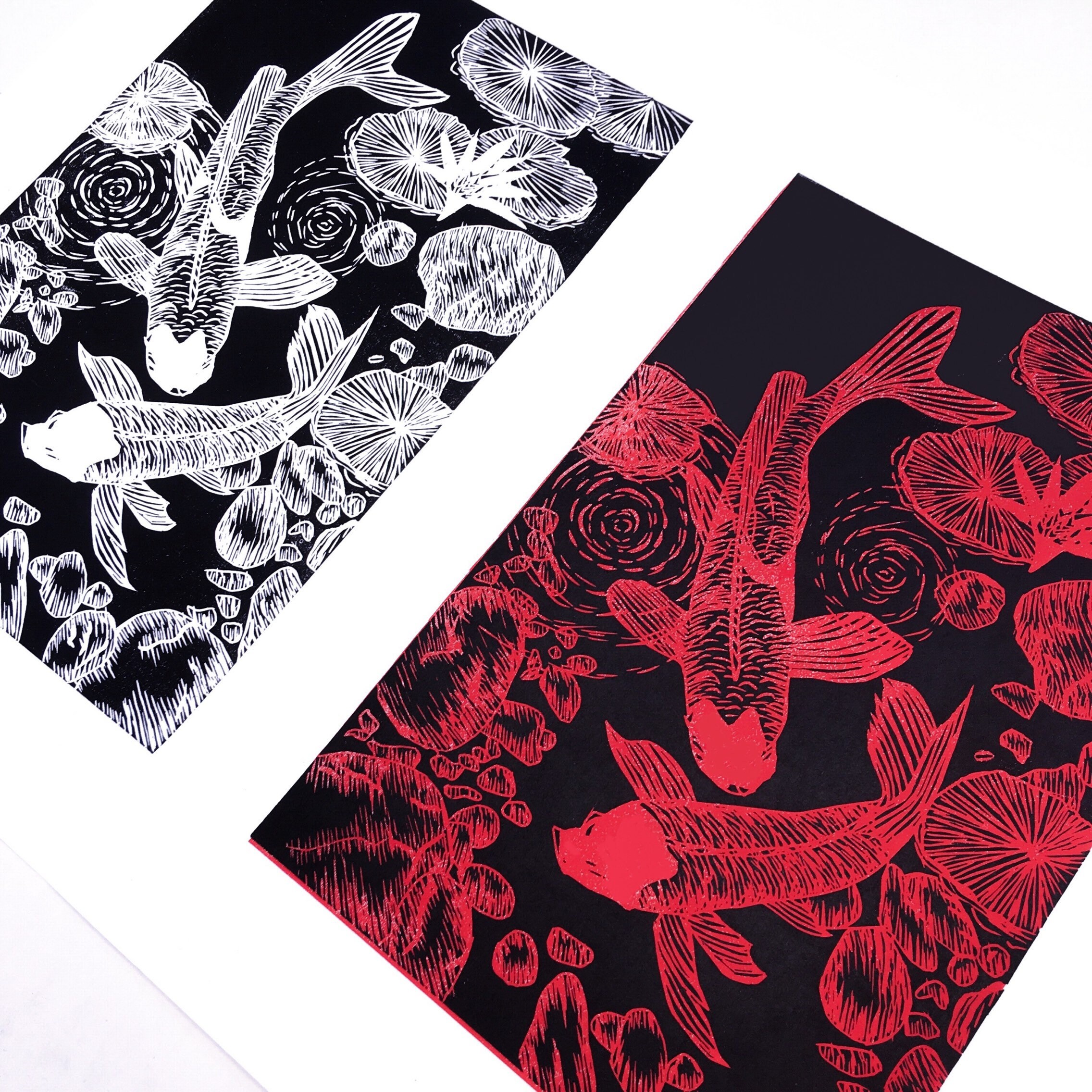 Black and Red Fish Lino Print A3 Koi Carp Original Linocut - Etsy Australia