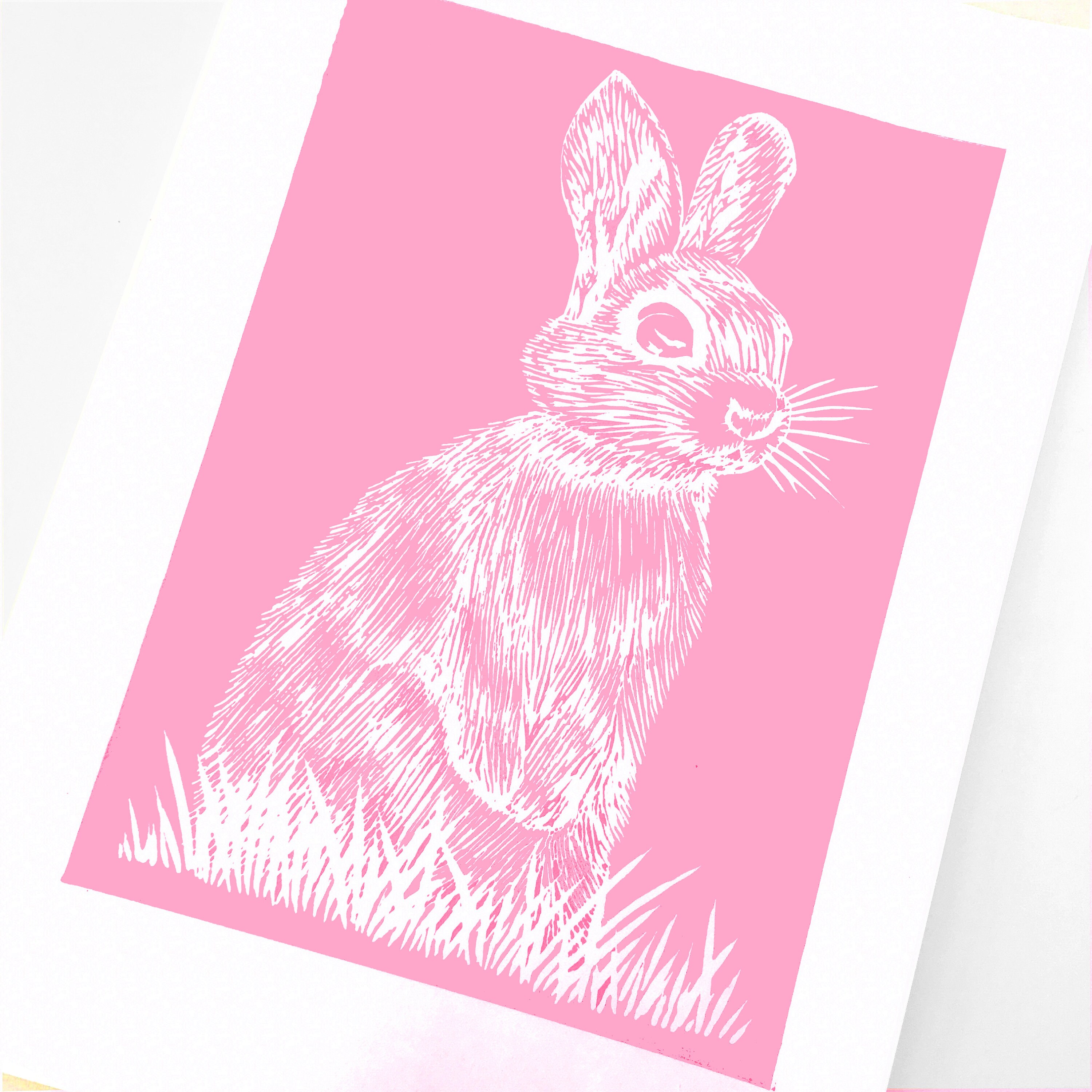 Bunny Lino Print Nursery Decor, New Baby Girl Gift, Rabbit Linocut Pink ...
