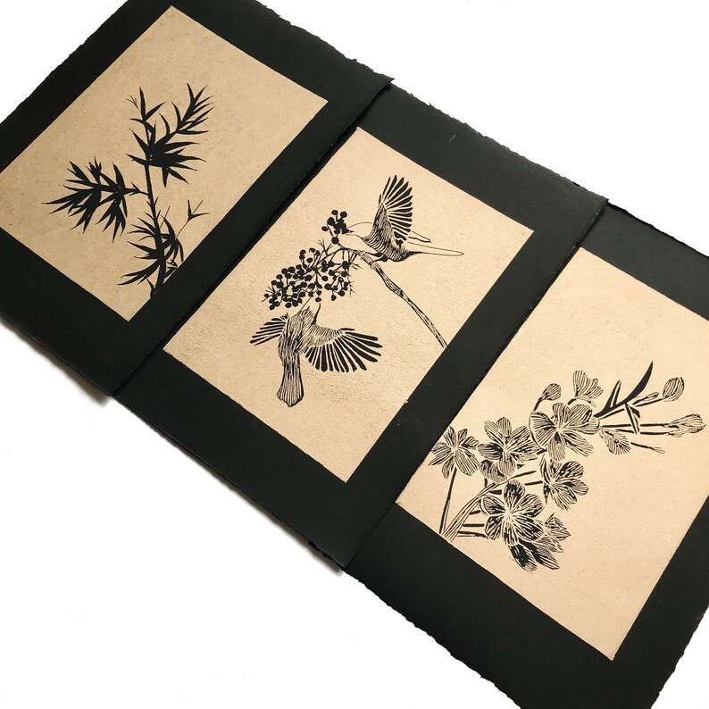 Triptych Japanese linocut original artworks Set of 3 wall art | Etsy