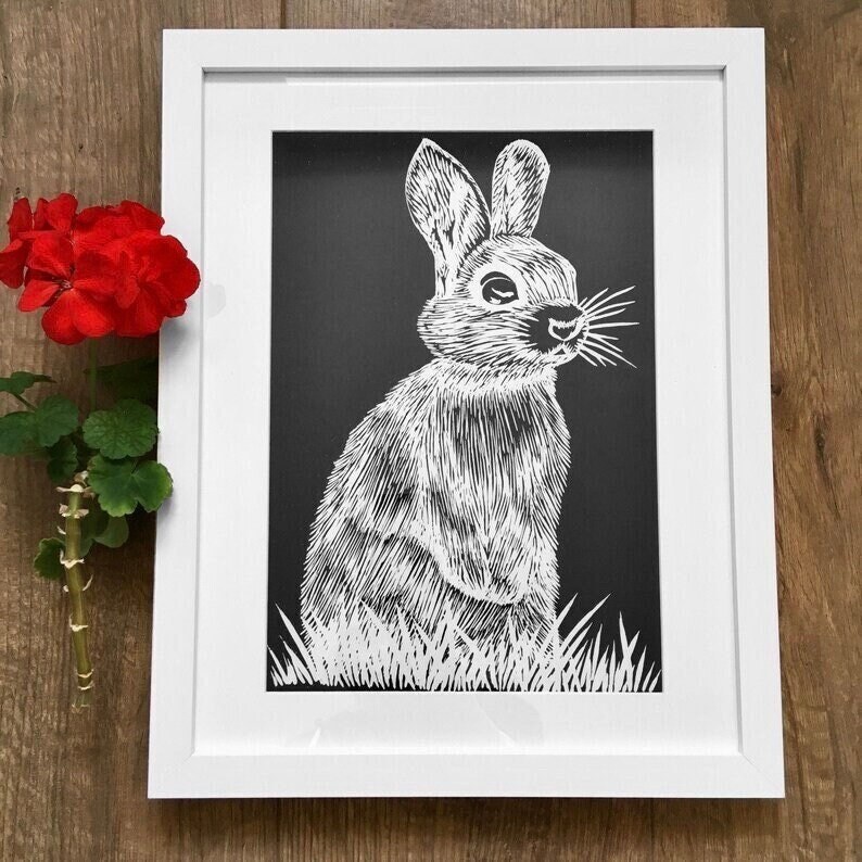 Rabbit Lino Print A3 Original Bunny Linocut Wall Art Black - Etsy UK