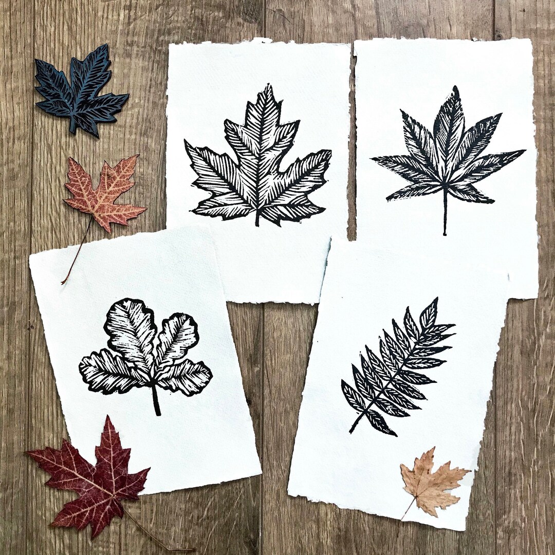Original Leaf Linocut Prints, Hand Printed Art Gifts on Natural Cotton ...