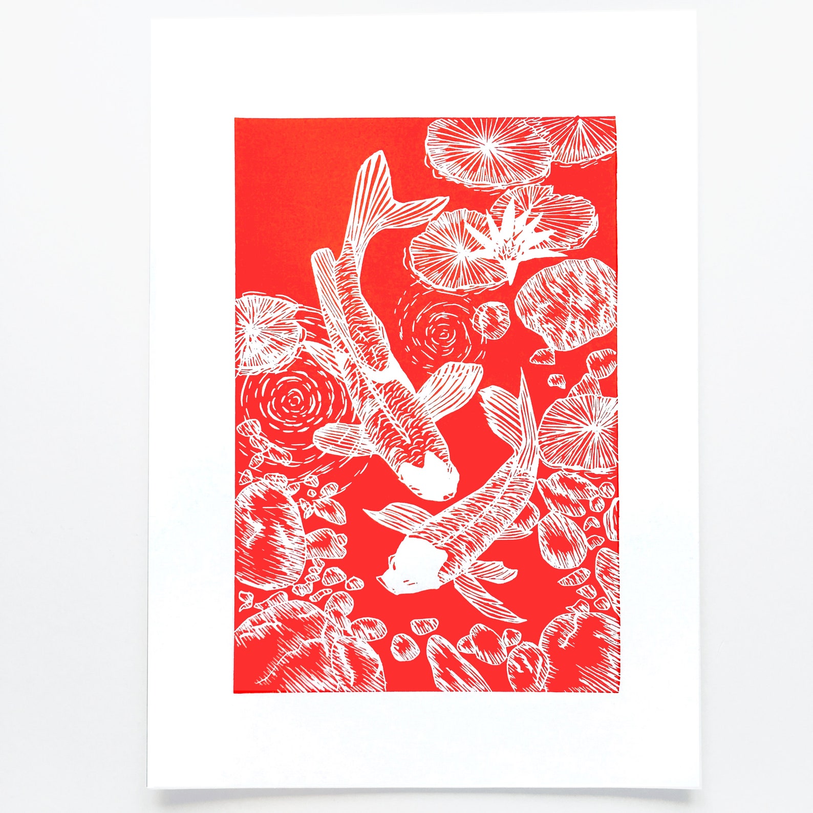 Koi Fish Lino Print Original, Japanese Linocut Art Print A3, Underwater ...