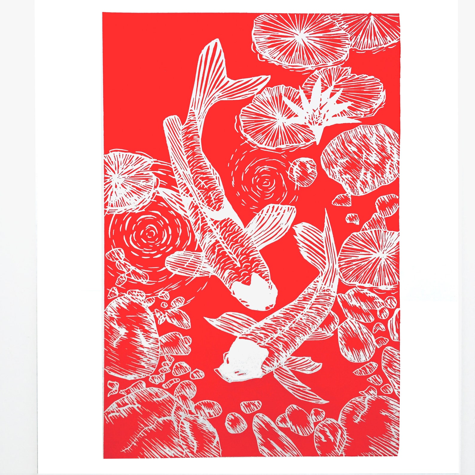 Koi Fish Lino Print Original, Japanese Linocut Art Print A3, Underwater ...