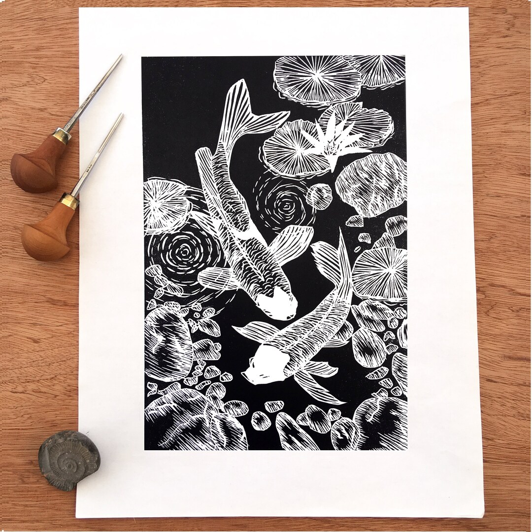Koi Carp Linocut Print A3, Black and White Japanese Oriental Wall Art ...