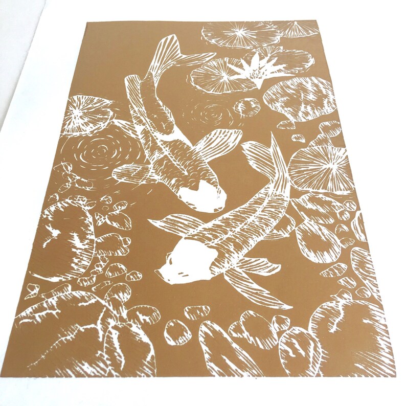 Metallic Gold Art Linocut Print Unique Decor Gift, Oriental Japanese ...