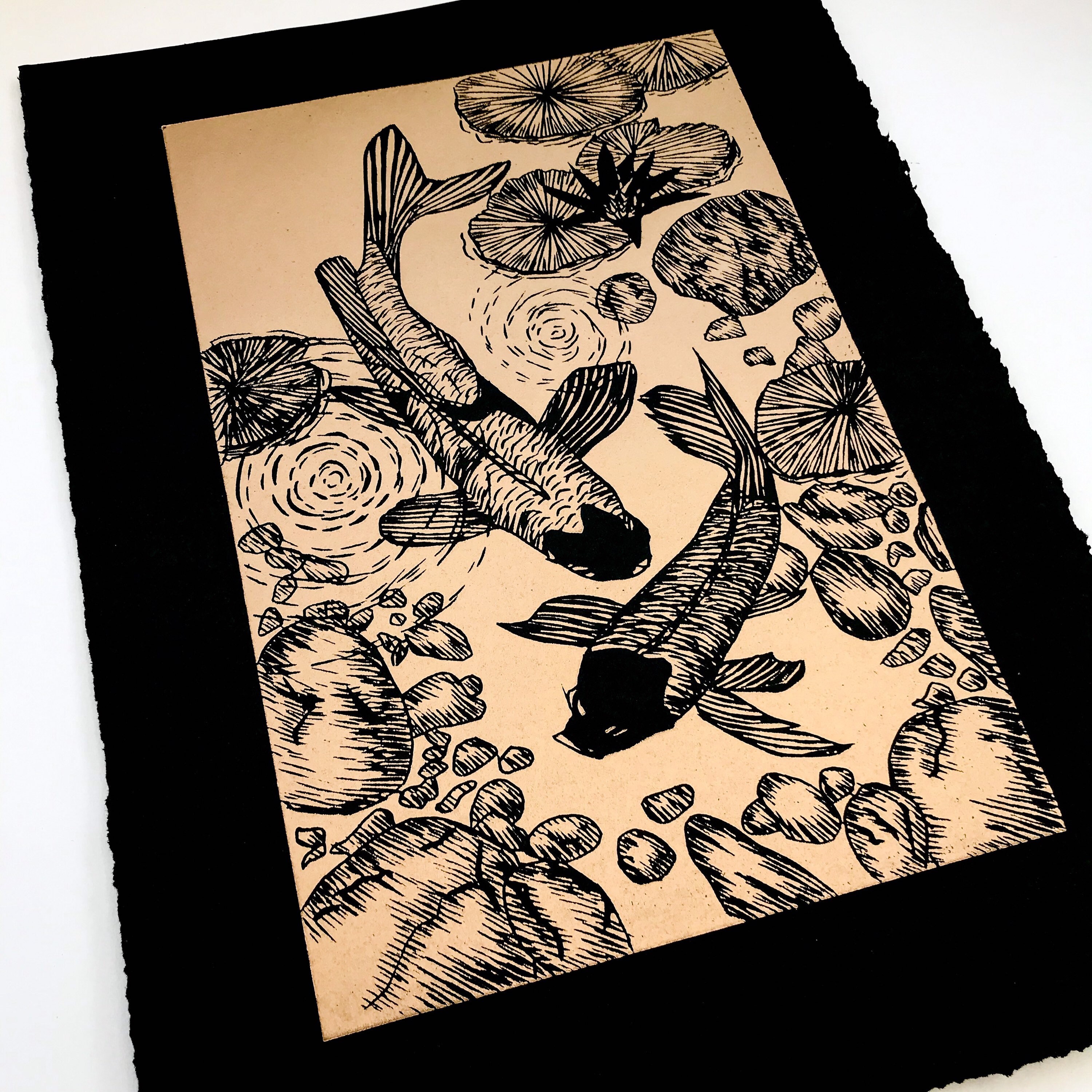 Oriental art black and gold linocut print, Japanese koi artwork A3 ...