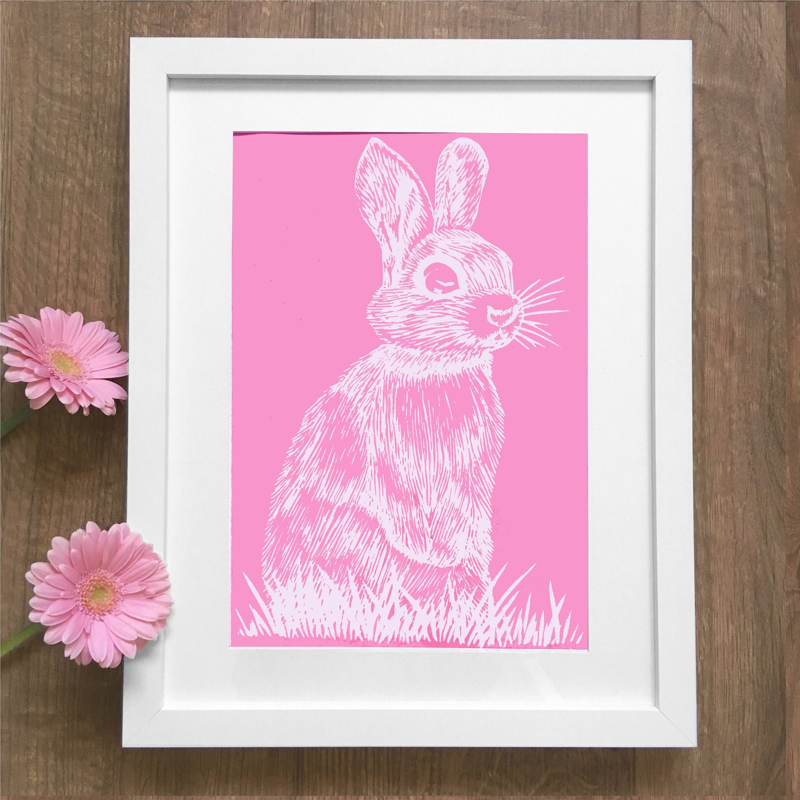 Bunny Lino Print Nursery Decor, New Baby Girl Gift, Rabbit Linocut Pink ...