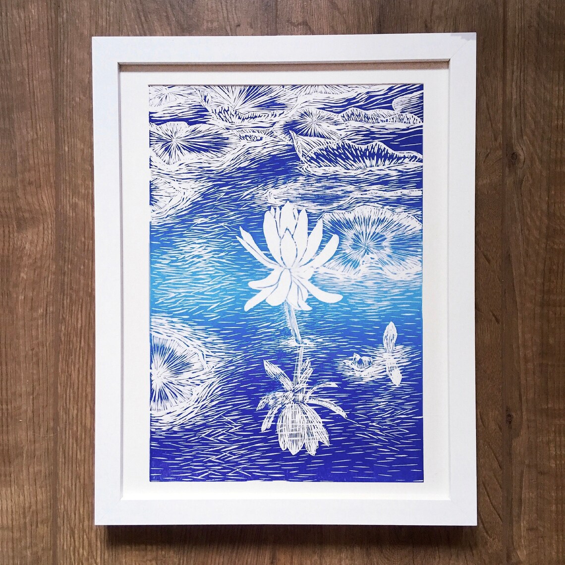 Water lily linocut original artwork for sale A3 blue flower | Etsy