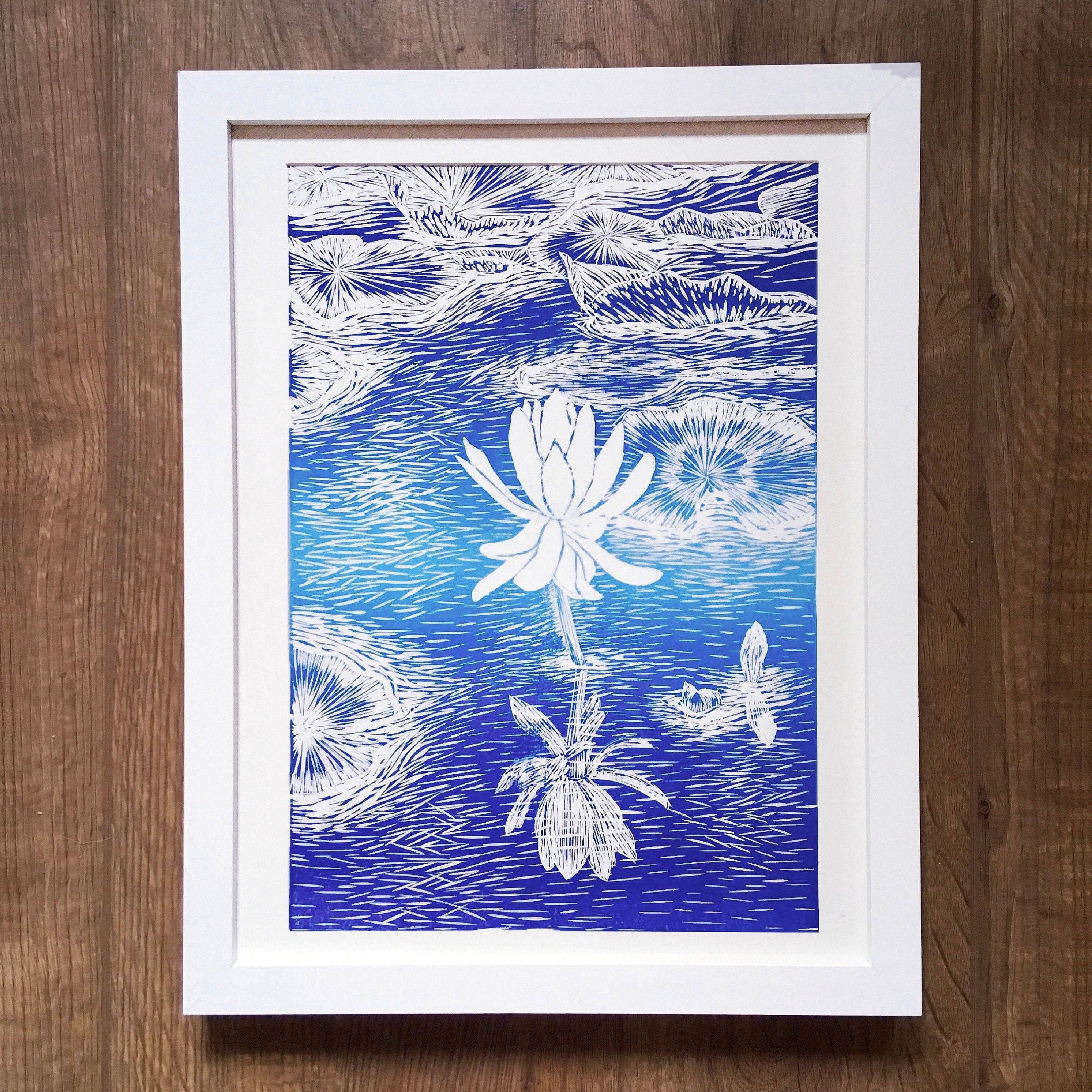 Water Lily Linocut Original Artwork for Sale, A3 Blue Flower Lino Print ...