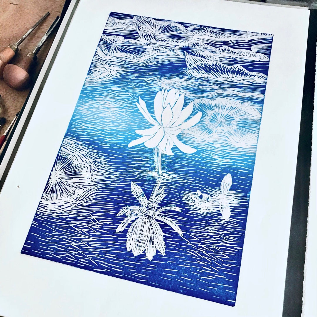 Water Lily Linocut Original Artwork for Sale, A3 Blue Flower Lino Print ...