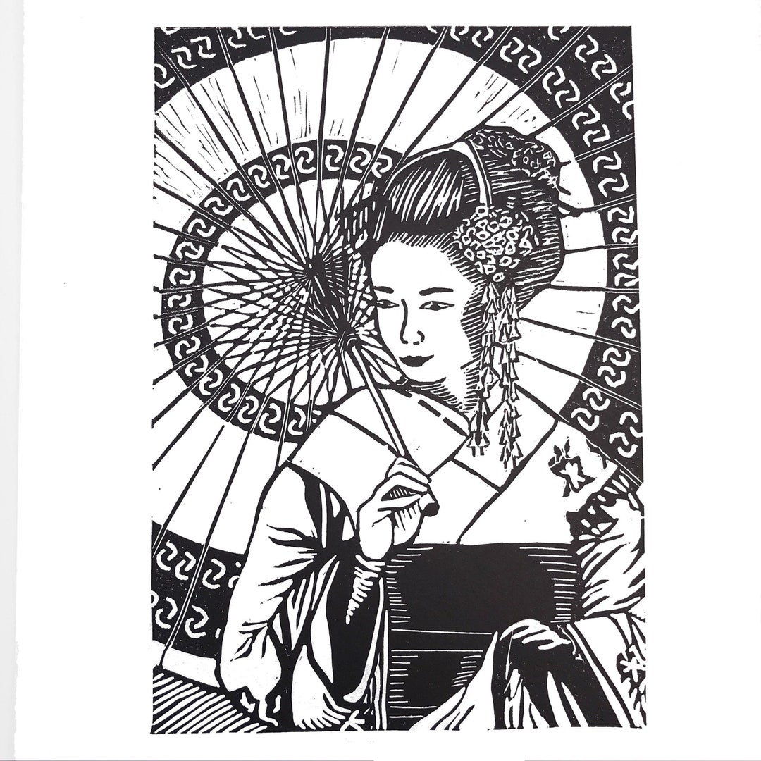 Geisha Linocut Print, Original Japanese Art Lino Print, Oriental Wall ...