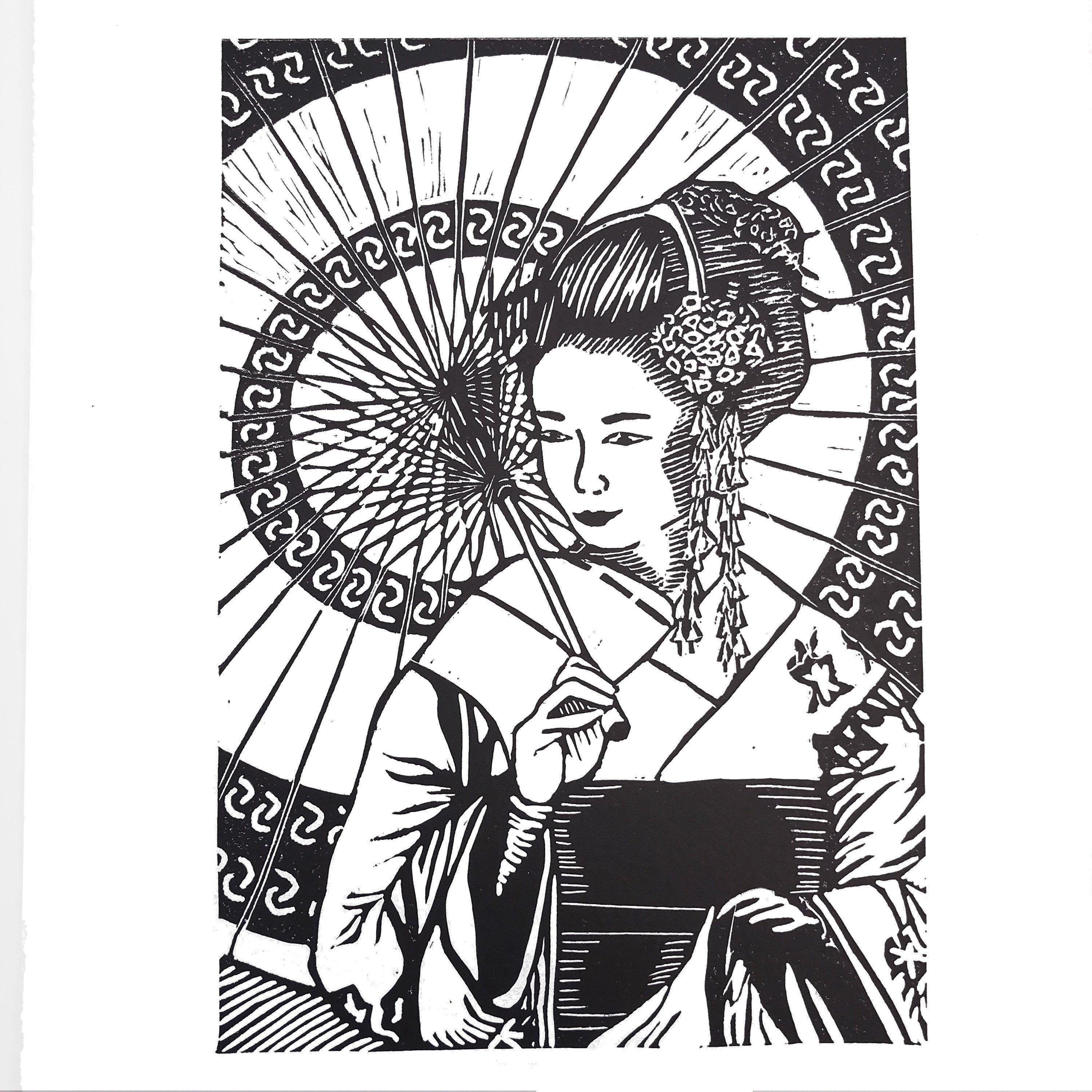 Geisha Linocut Print Original Japanese Art Lino Print - Etsy UK