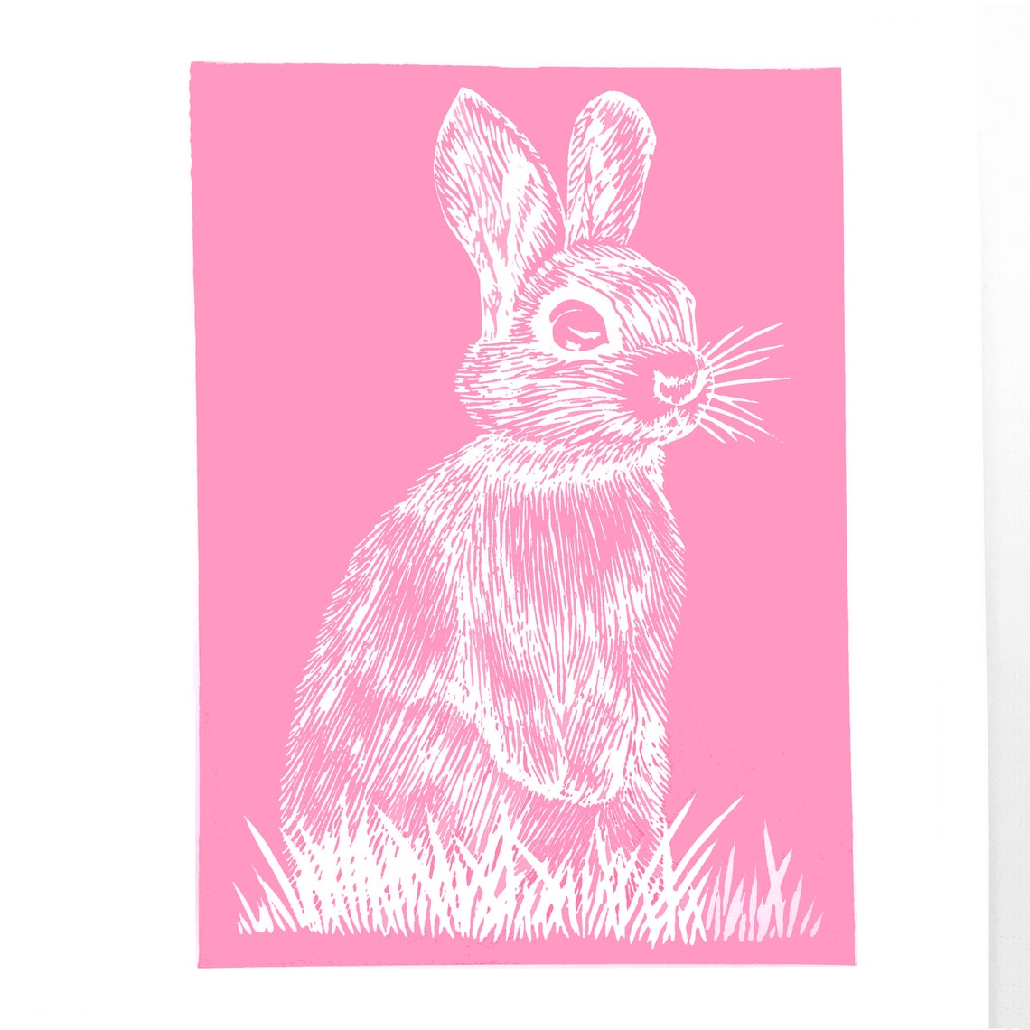 Bunny Lino Print Nursery Decor, New Baby Girl Gift, Rabbit Linocut Pink ...