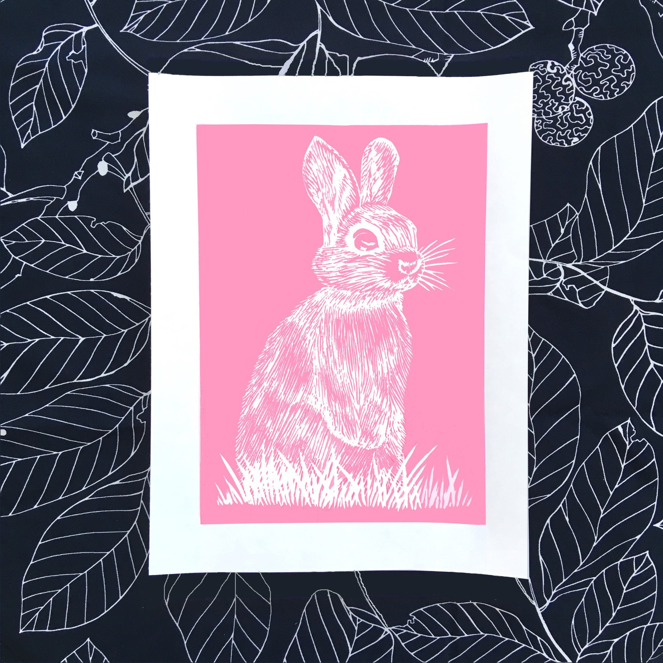Bunny Lino Print Nursery Decor, New Baby Girl Gift, Rabbit Linocut Pink ...