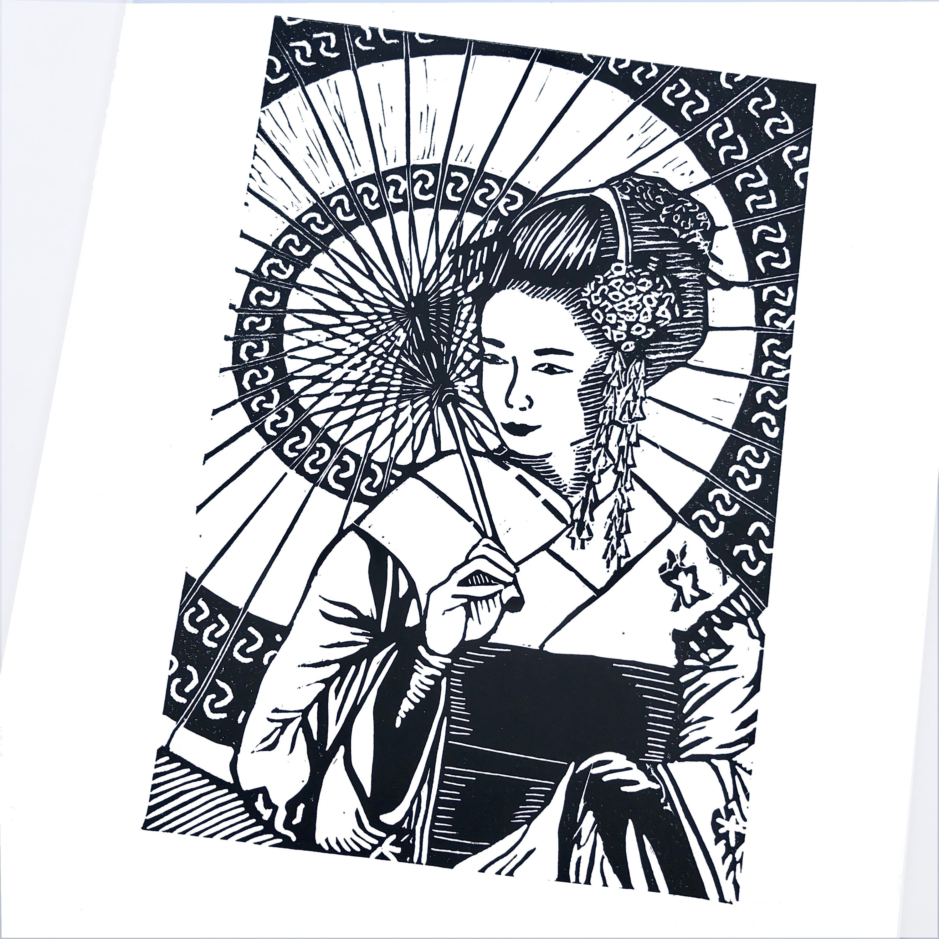 Geisha Linocut Print Original Japanese Art Lino Print - Etsy UK