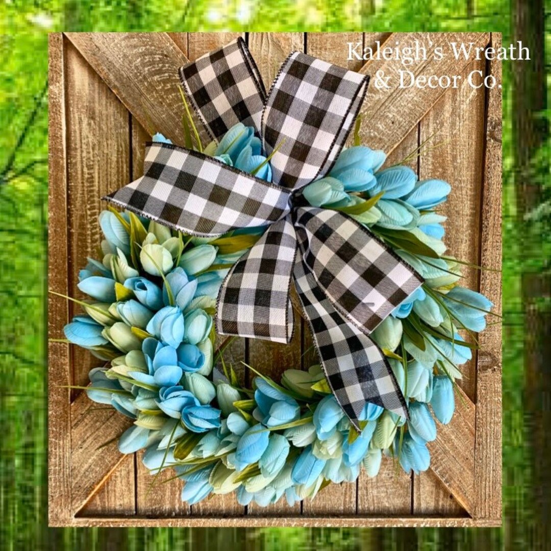 Blue Tulip Wreath: Beach Decor With Buffalo Check Bow - Etsy