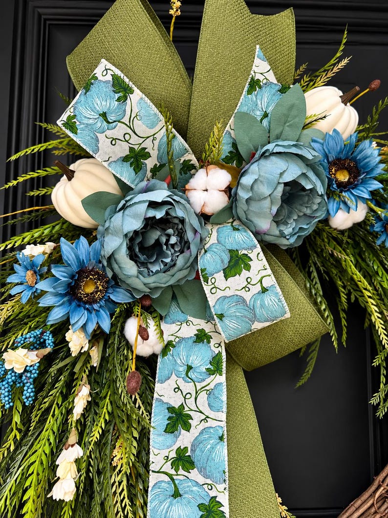 Blue Peony Pumpkin Wreath: Farmhouse Fall Door Hanger, Cascading ...