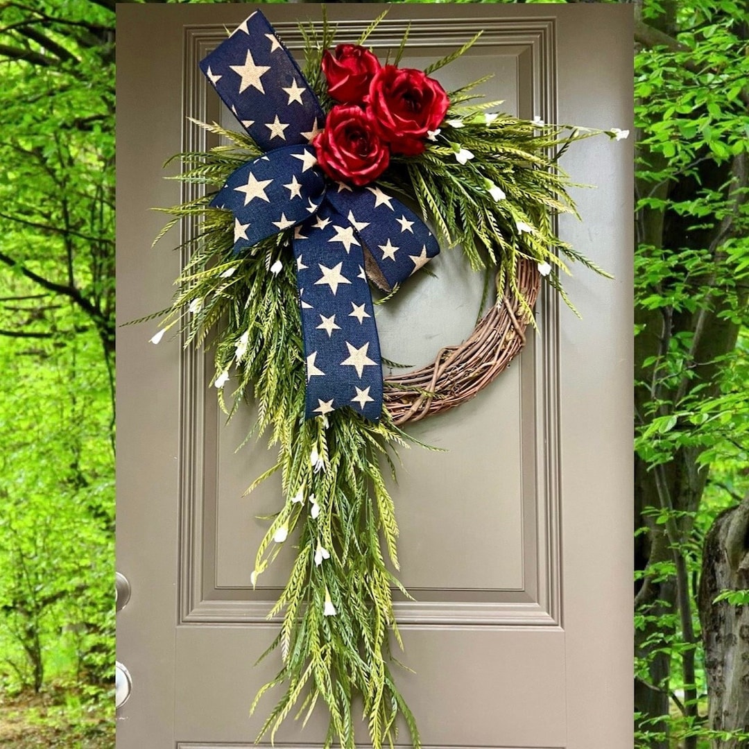 Patriotic Wreath: Americana Front Door Decor With Roses & Star Bow - Etsy