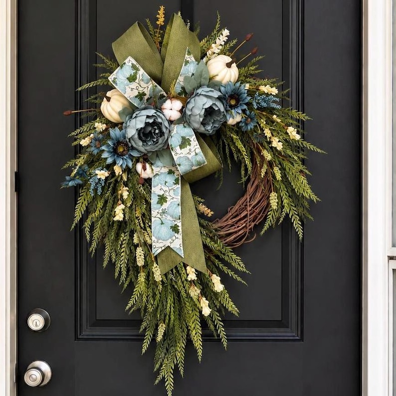 Blue Peony Pumpkin Wreath: Farmhouse Fall Door Hanger, Cascading ...