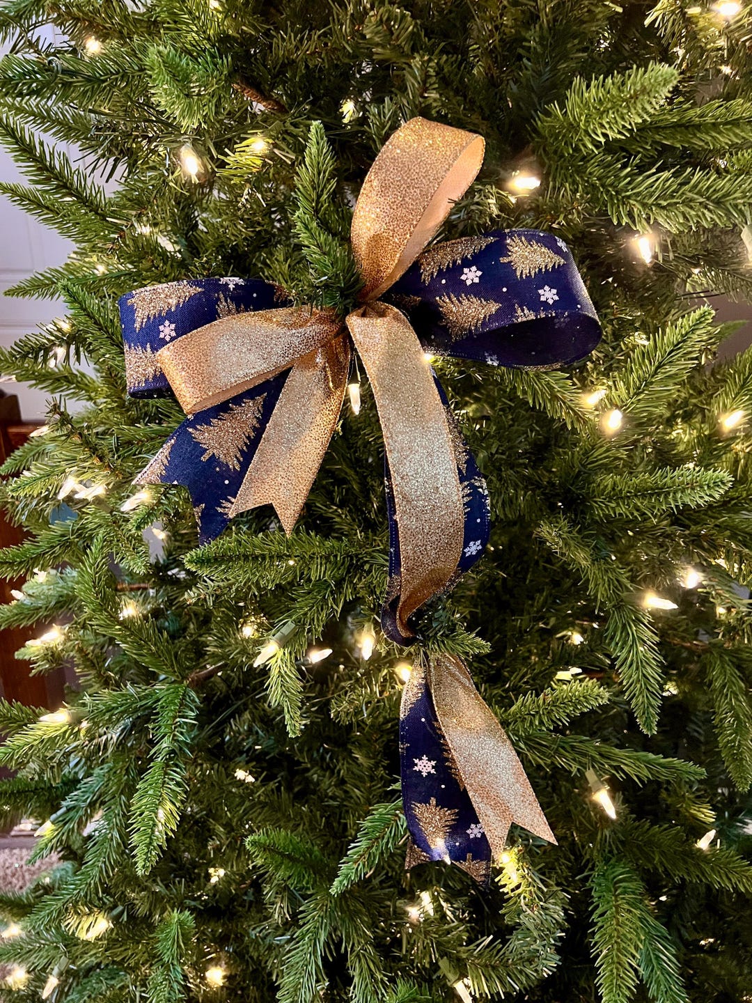 Blue and Gold Christmas Tree Bows, Glam Bows for Christmas Tree, Large ...