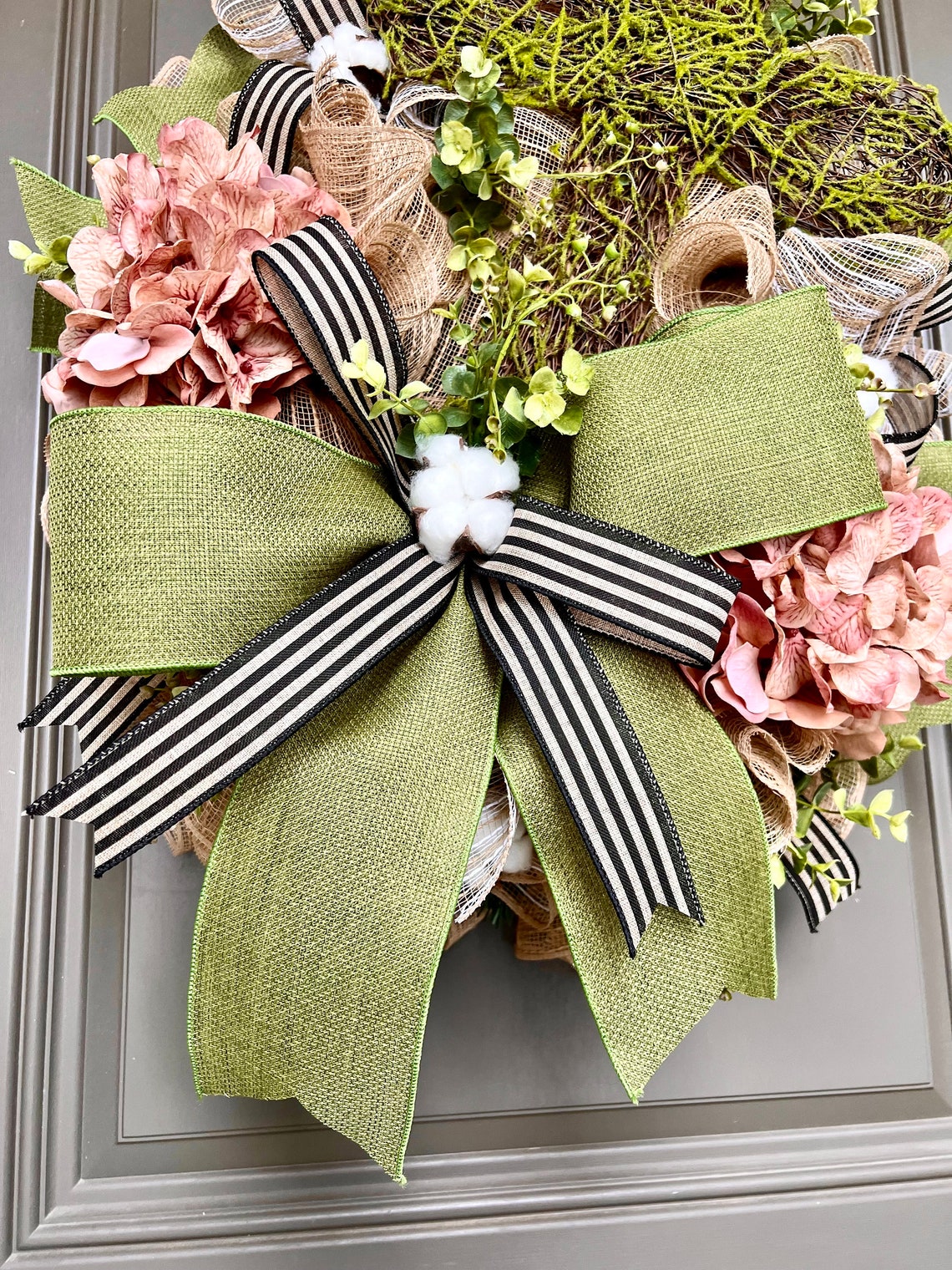 Farmhouse Spring Wreath With Moss Cross, Hydrangeas & Burlap - Etsy