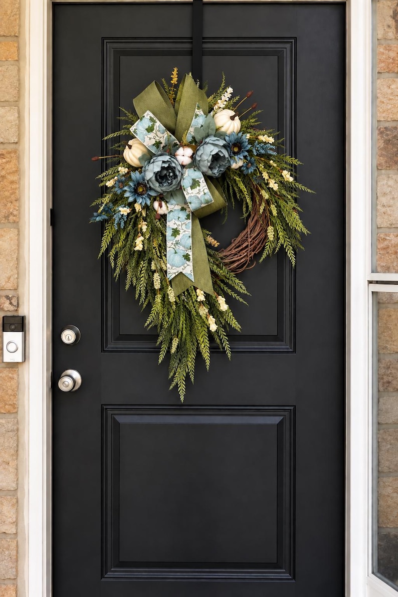 Blue Peony Pumpkin Wreath: Farmhouse Fall Door Hanger, Cascading ...