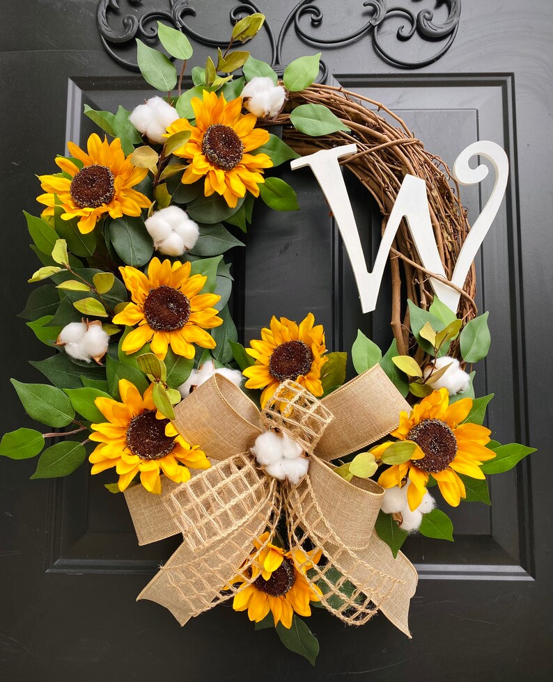 Sunflower Wreath for Front Door, Sunflower Decor, Monogram Wreath ...