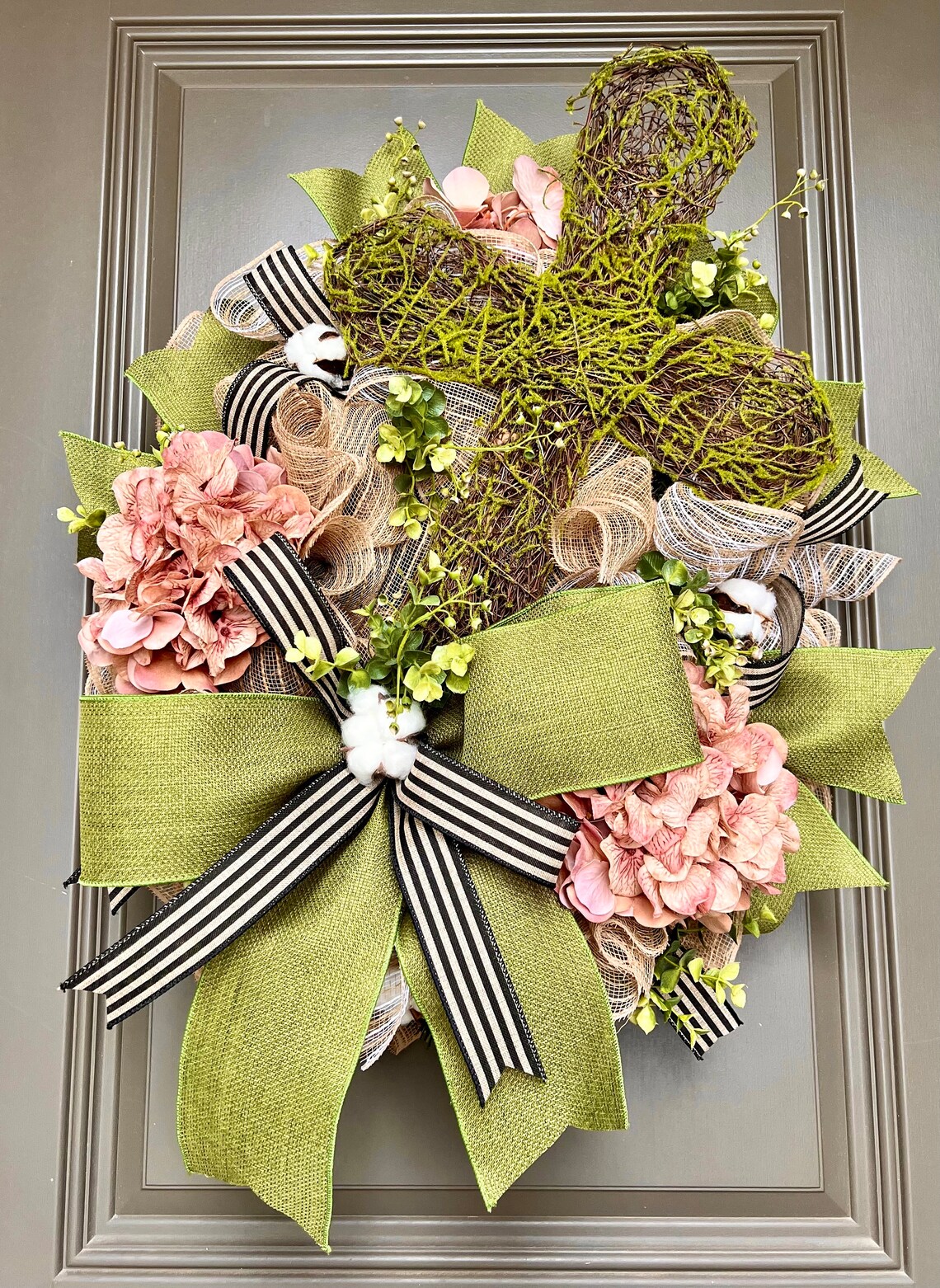 Farmhouse Spring Wreath With Moss Cross, Hydrangeas & Burlap - Etsy