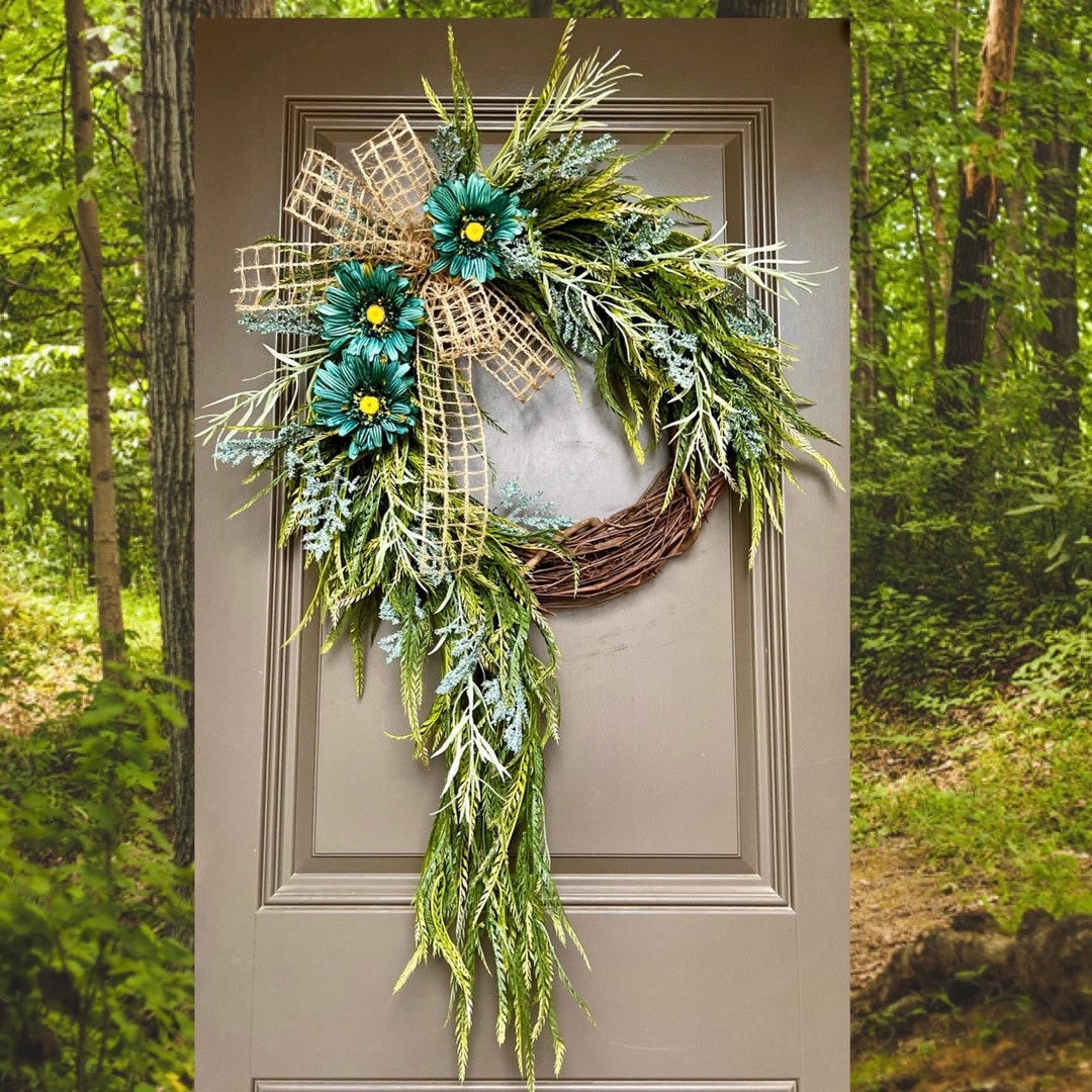 Turquoise Farmhouse Spring Wreath, Monogram Wreath, Spring Front Porch ...