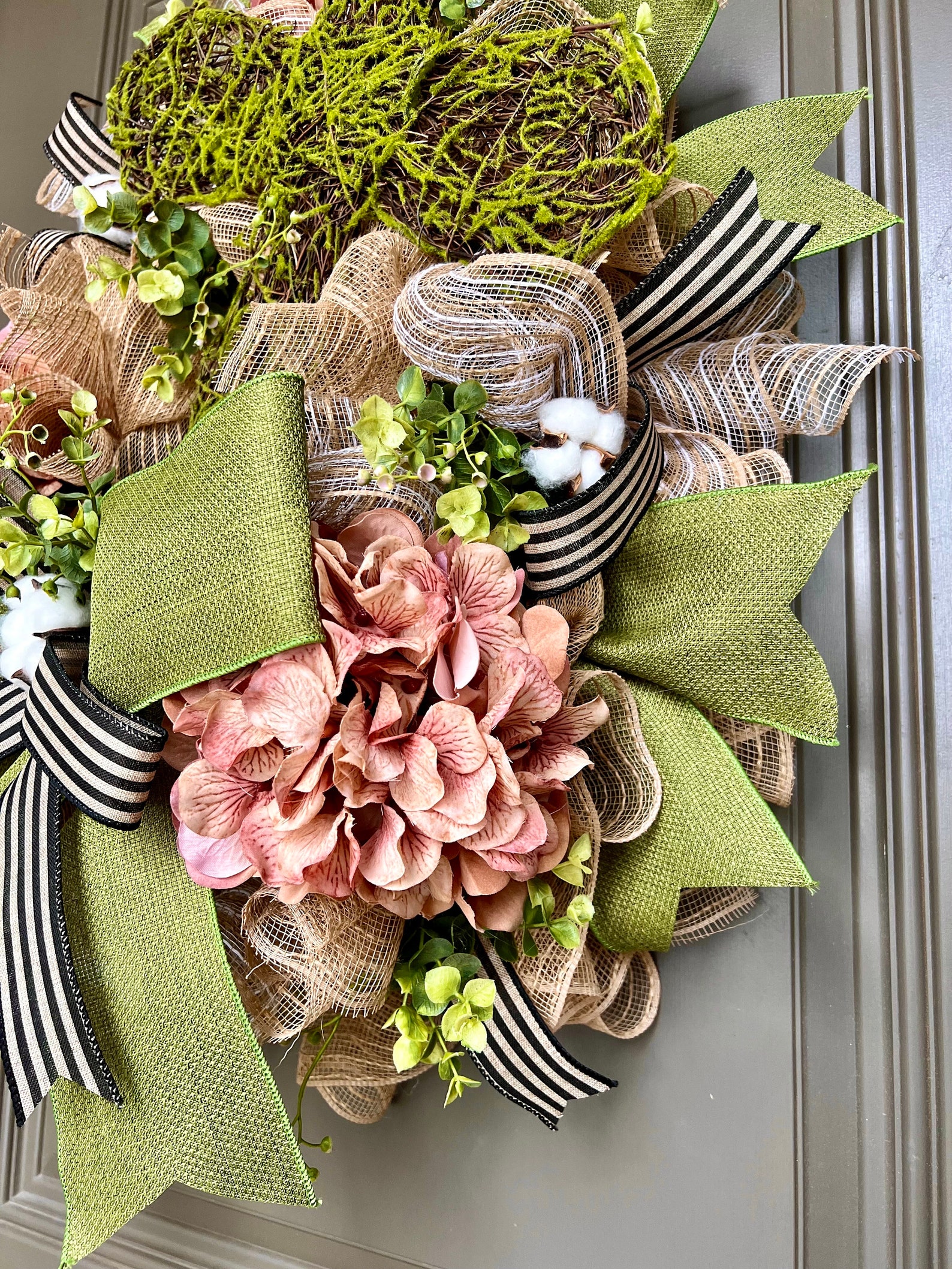 Farmhouse Spring Wreath With Moss Cross, Hydrangeas & Burlap - Etsy